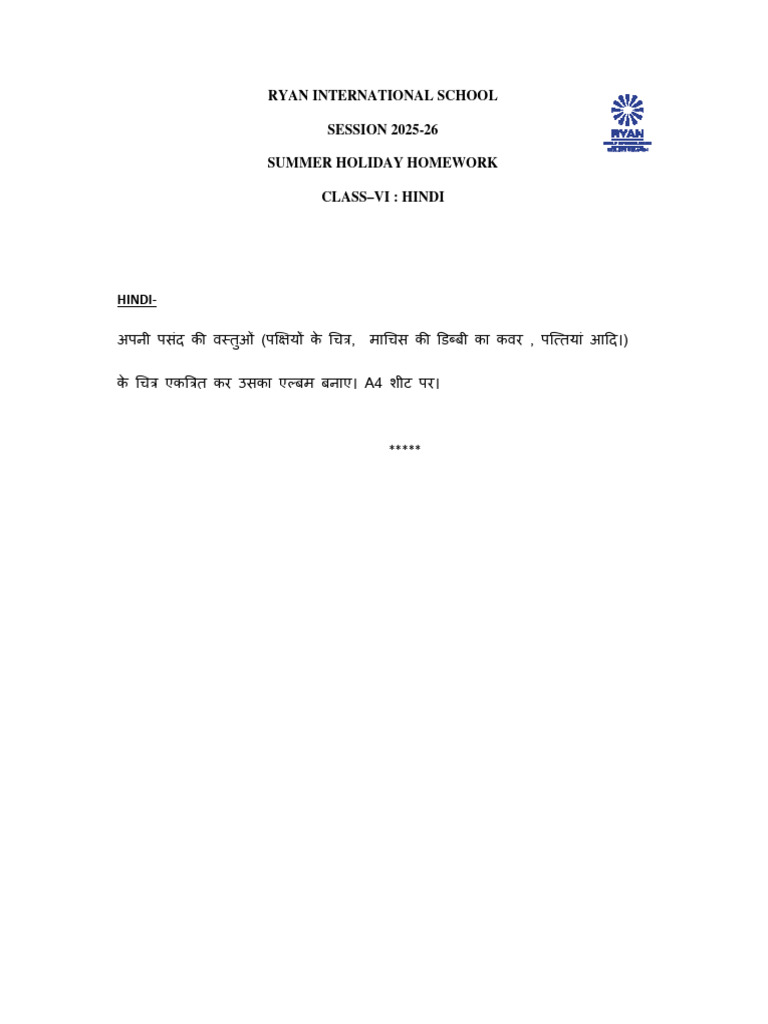 Class-VI Hindi Summer HHW - 2025-2026 | PDF