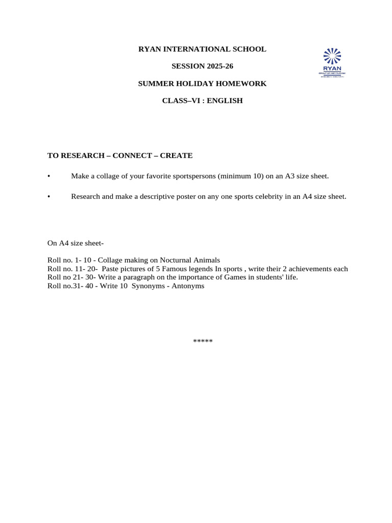 Class-VI English Summer HHW (2025-2026) | PDF