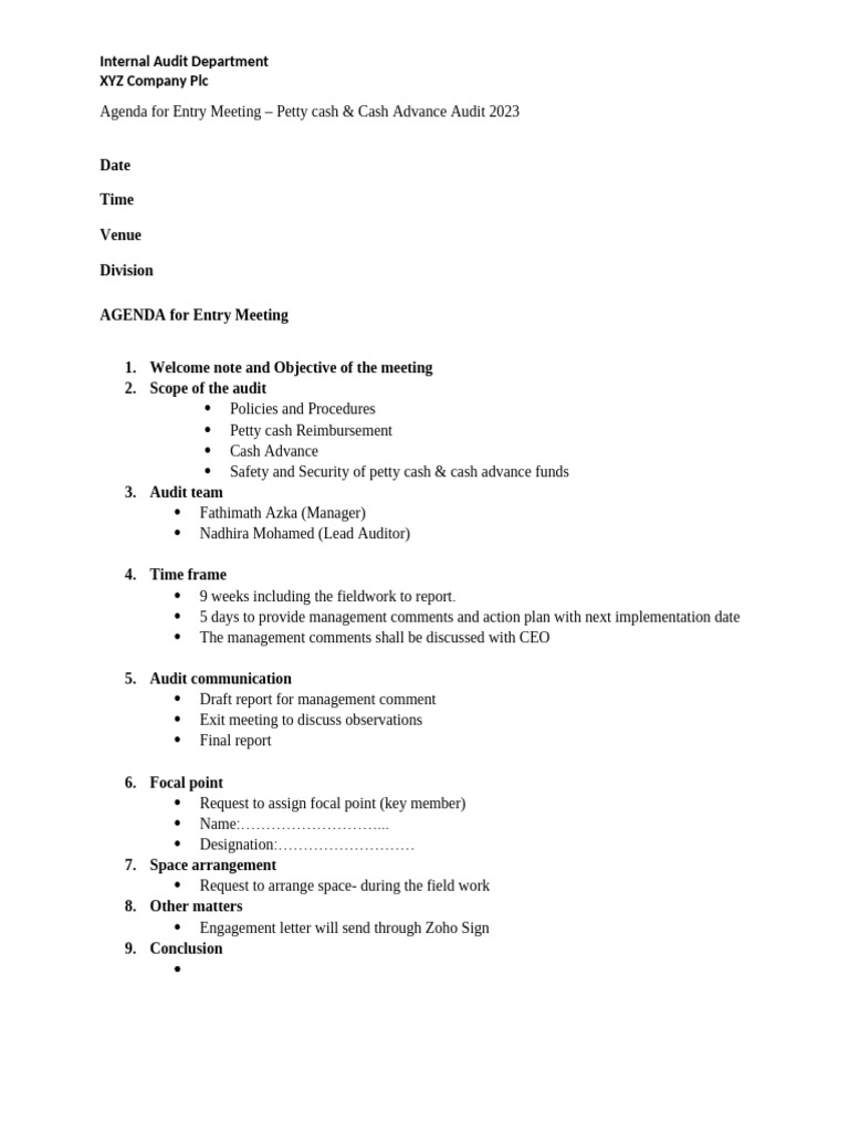 Agenda For Entrance Meeting - Sample | PDF