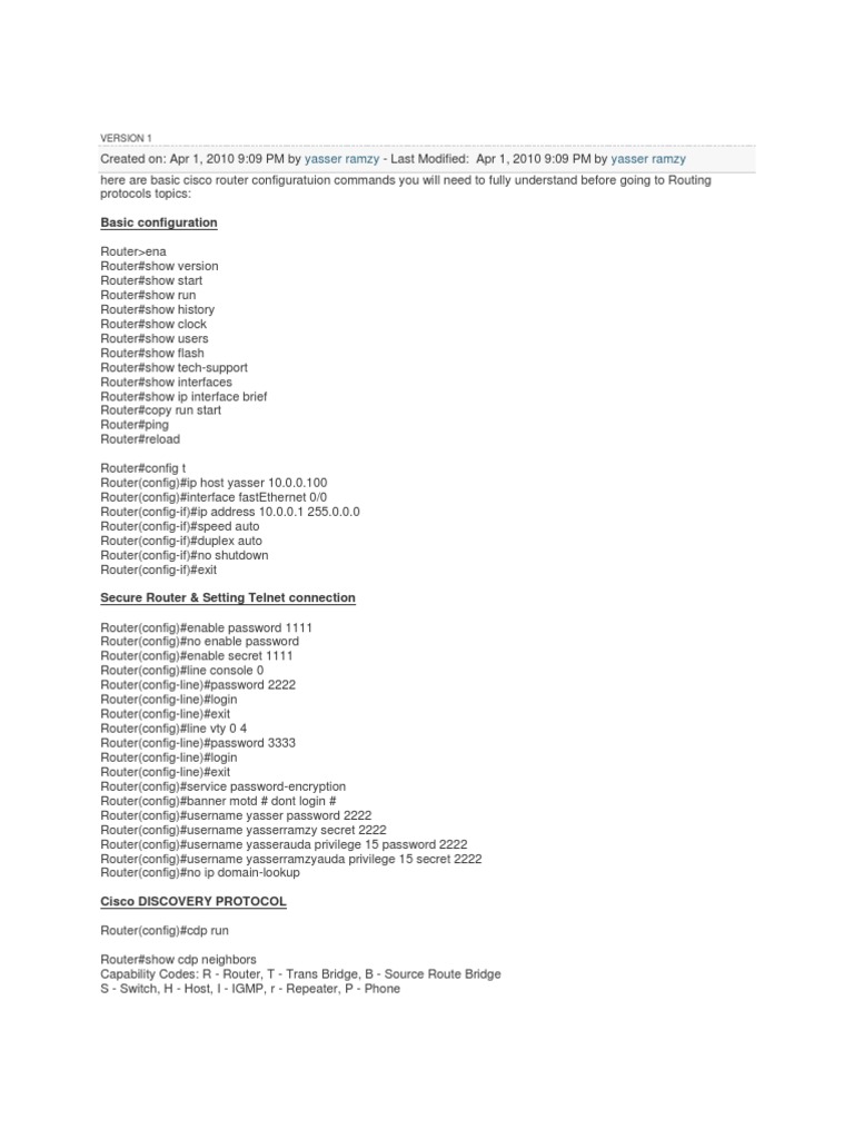 CCNA Basic Cofiguration Commands | PDF | Router (Computing) | Network Switch