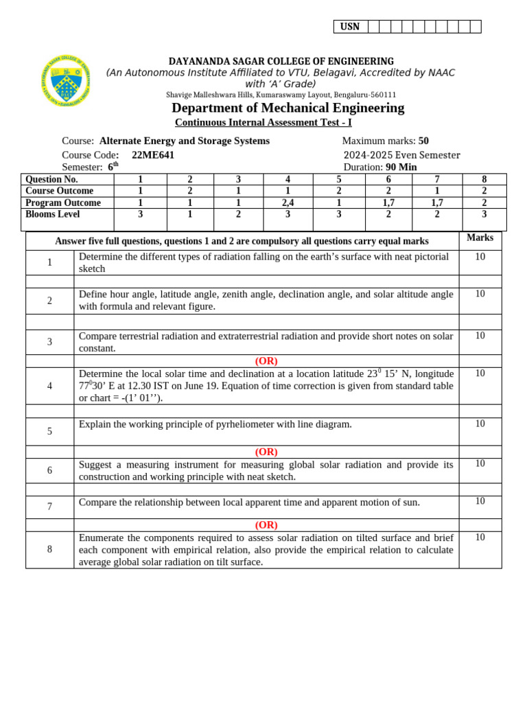CIA 1 QP Aess-22me641 2024-25 Even Sem | PDF | Latitude | Physical Phenomena
