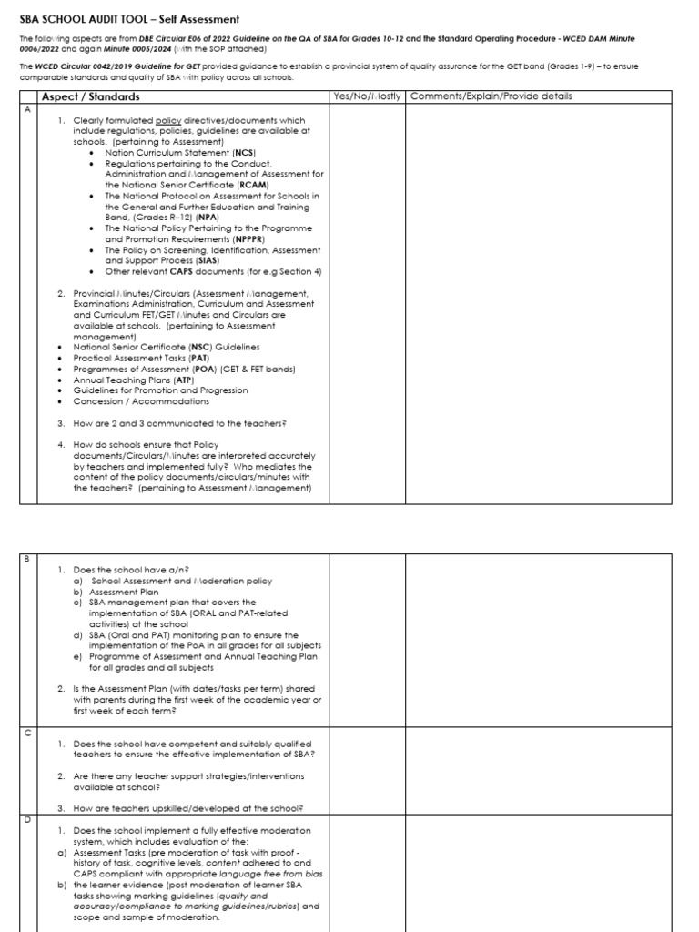 SCHOOL SBA System Audit - Self Assessment | PDF