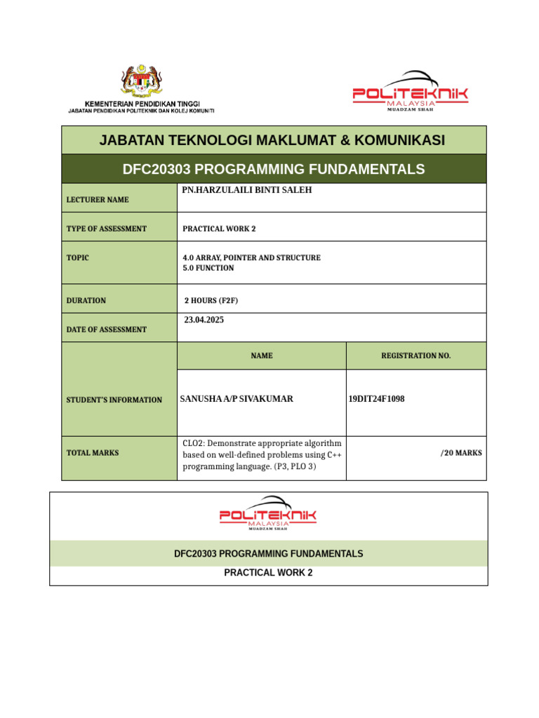PW2 - DFC20303 PF SESI 2 2024-2025 Shaa | PDF | C++ | Parameter (Computer Programming)