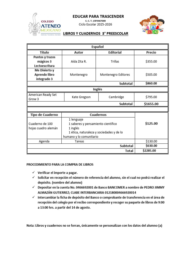 3°libros y Útiles Preescolar 2025-2026 Nicolas Munguia | PDF | Papelería