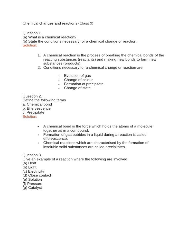 Class 9 Chemical Reactions Overview | PDF | Chemical Reactions ...