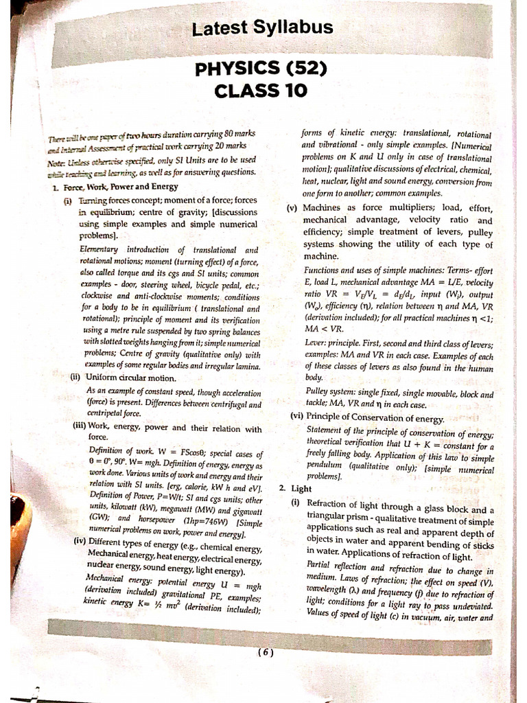 Physics Icse Class 10 Syllabus 2026 | PDF