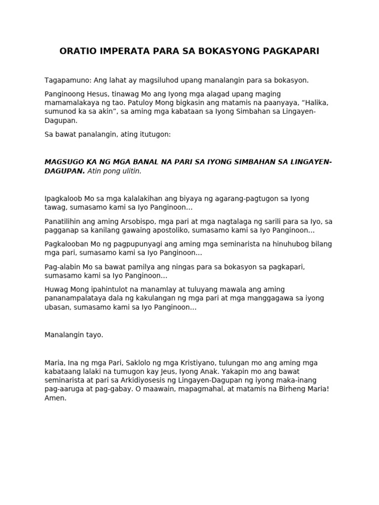 Oratio Imperata para Sa Bokasyong Pagkapari | PDF