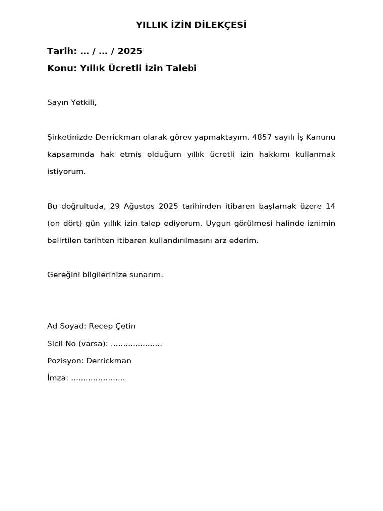 Yillik Izin Dilekcesi Recep Cetin | PDF