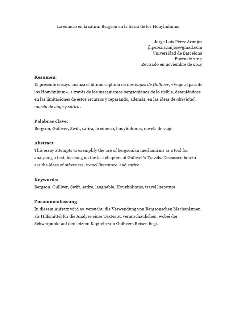 Lo Cómico en La Sátira Bergson en La Tierra de Los Houyhnhnms | PDF | Viajes de Gulliver | La risa