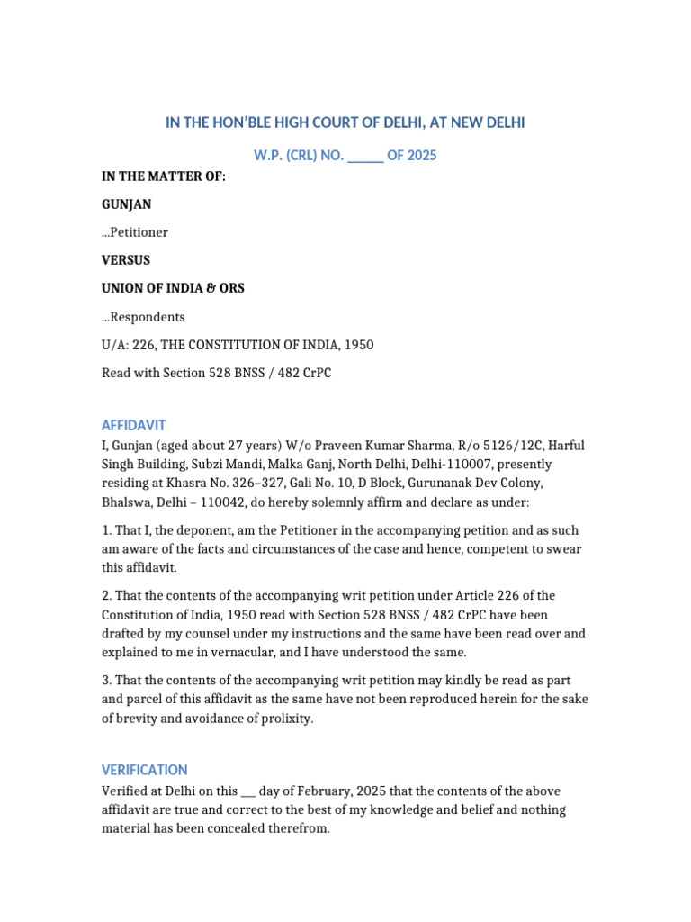 Gunjan Affidavit Delhi HC 2025 | PDF