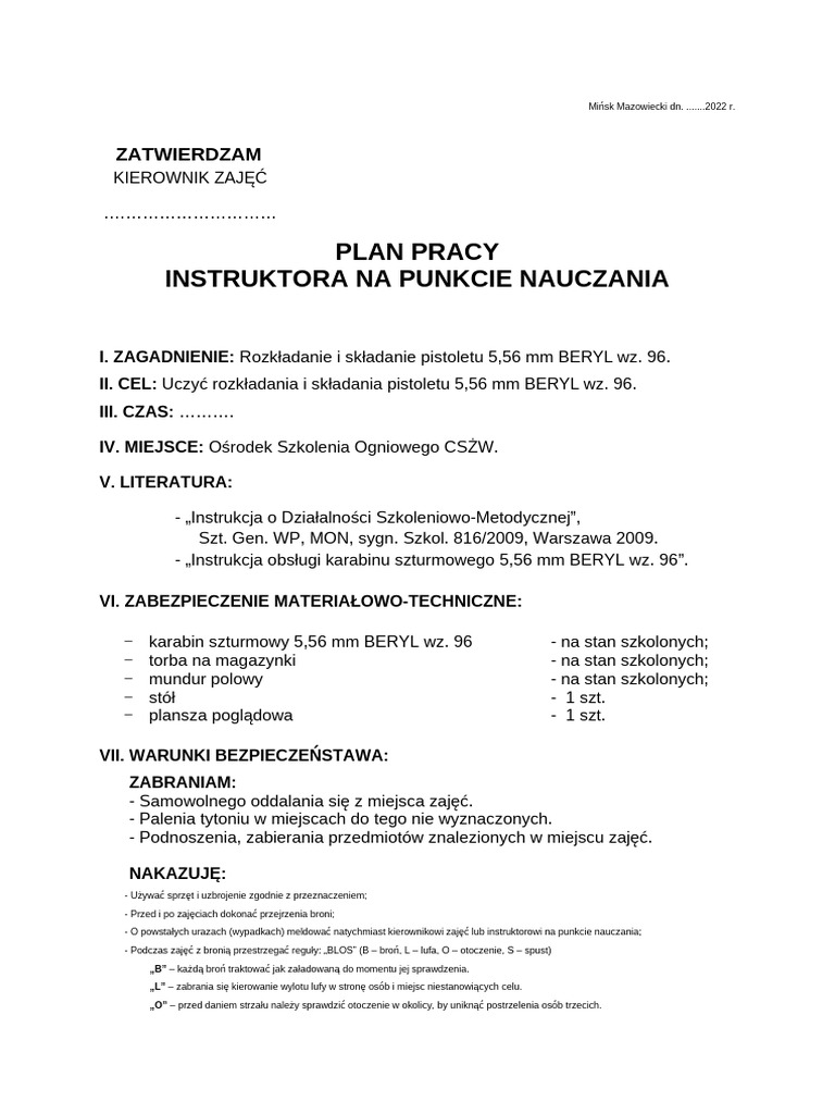 Plan Pracy - Rozkładanie I Składanie Broni BERYL Wz. 96 | PDF