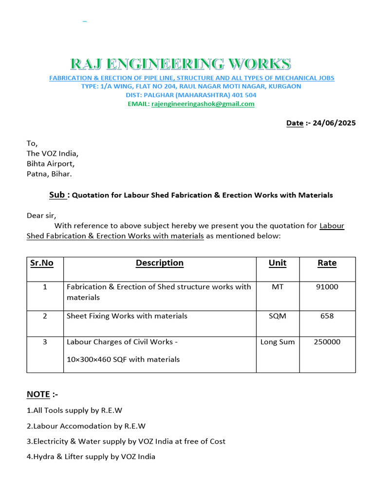Labour Shed Fabrication & Erection Works With Materials | PDF