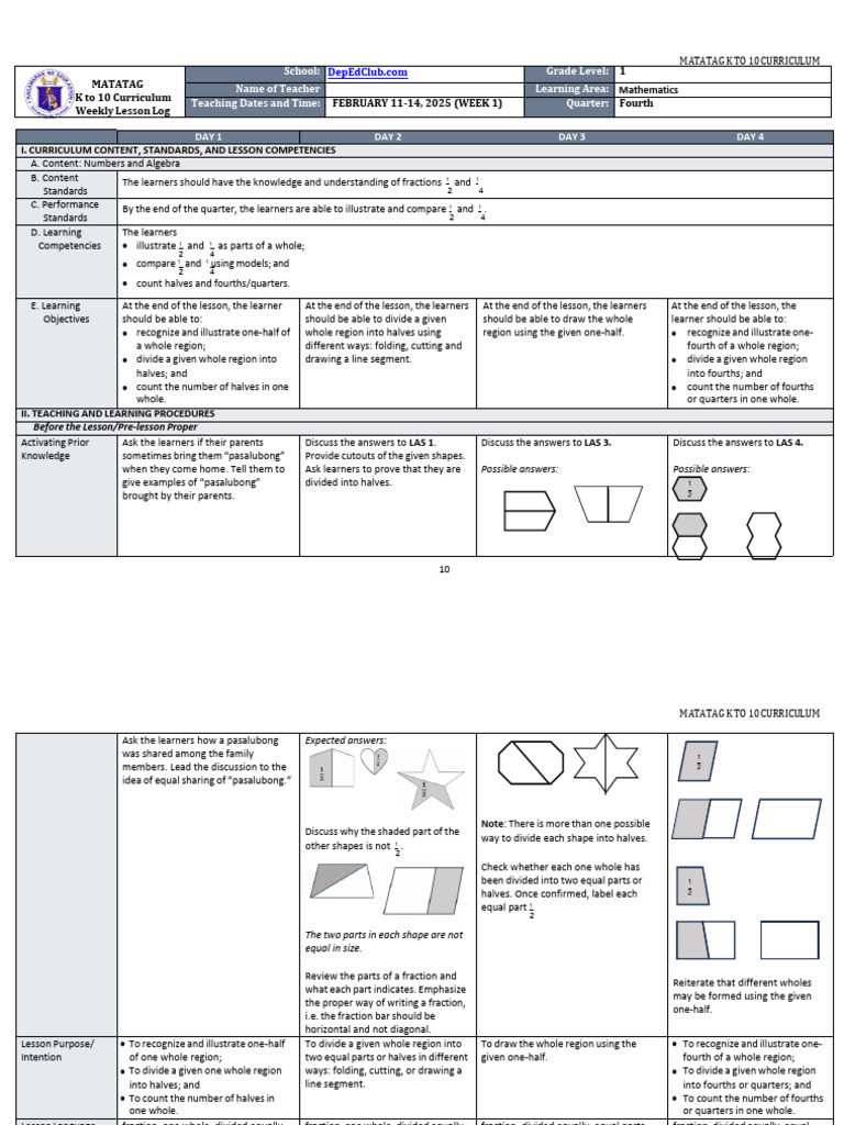 Dll Matatag Mathematics 1 q4 w1.PDF | PDF | Cognition | Learning