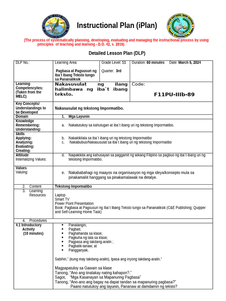 Instructional Plan - Tekstong Impormatibo | PDF