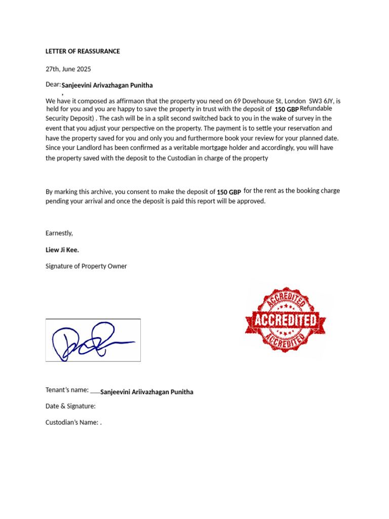 Letter of Reassurance For Sanjeevini Arivazhagan Punitha | PDF