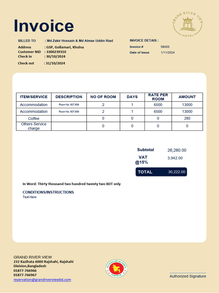 Invoice for Accommodation Services | PDF