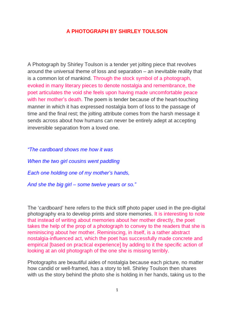 Shirley Toulson's "A Photograph" Analysis | PDF | Poetry