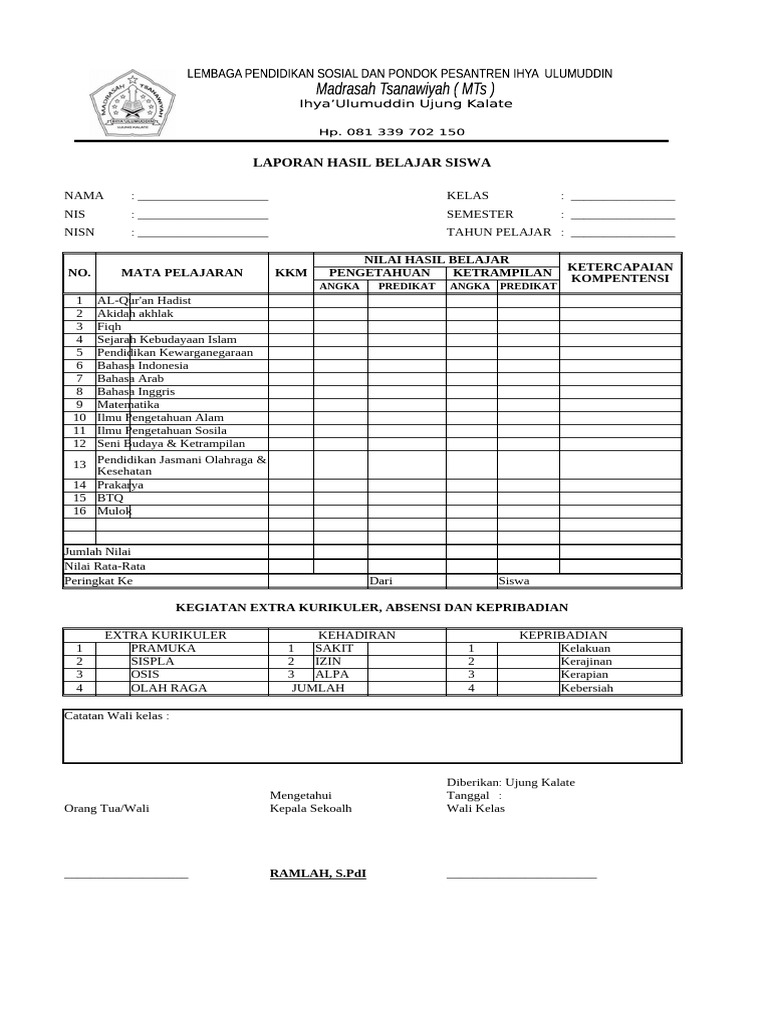 Rapor Mts Kelas Viii 2024 | PDF