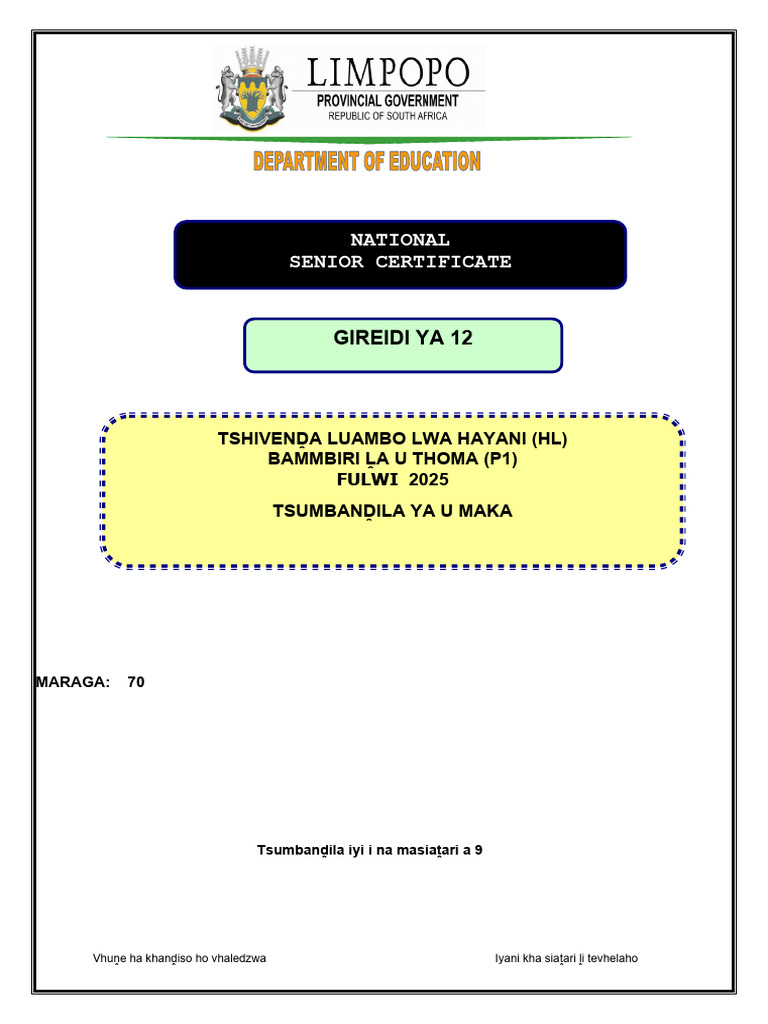 Tshivenda HL P1 Marking Guideline | PDF | Languages Of Africa