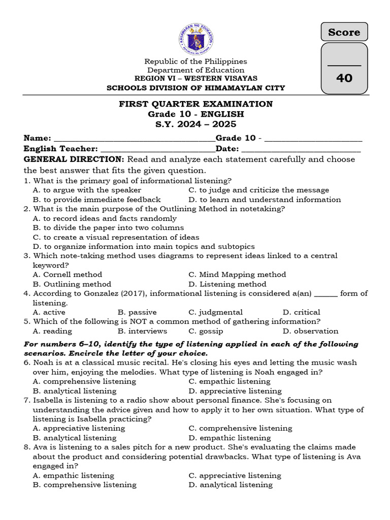 English 10 1st Quarter Exam | PDF | Thriller (Genre) | Fluency