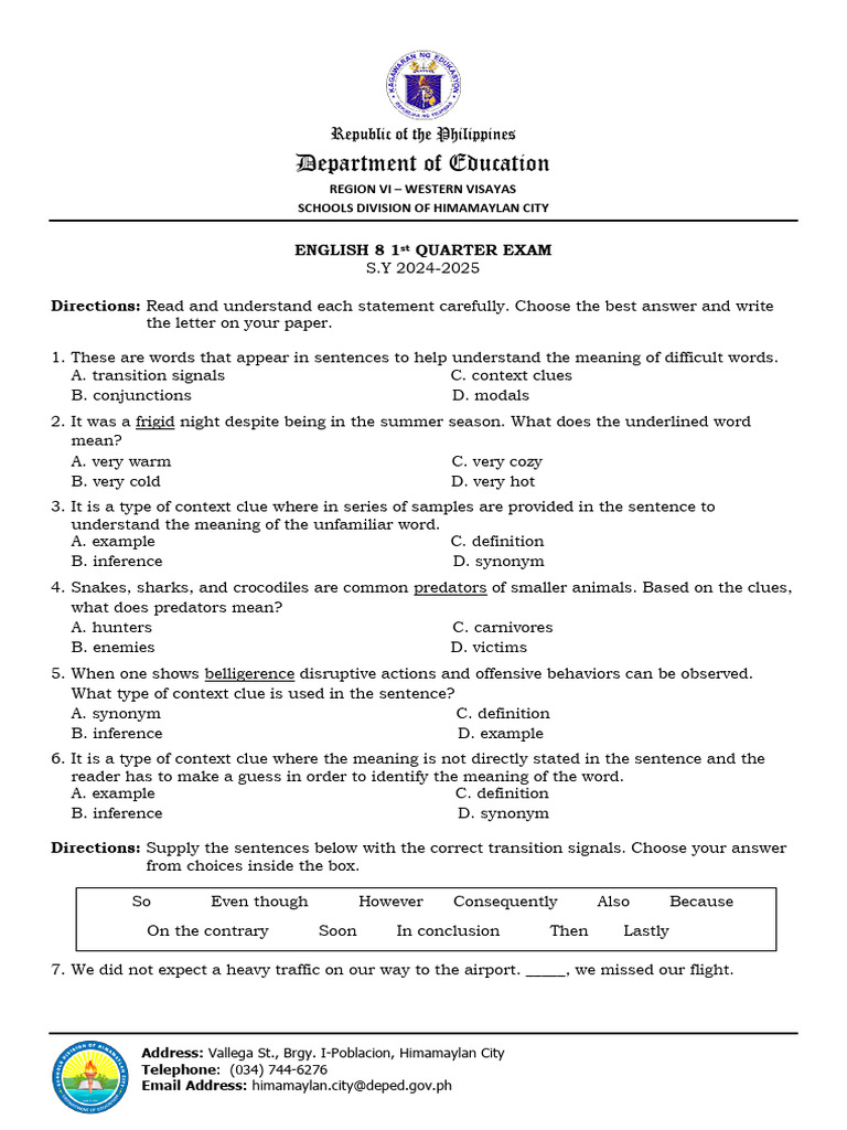 English 8 1st Quarter Exam | PDF | Verb | Linguistics