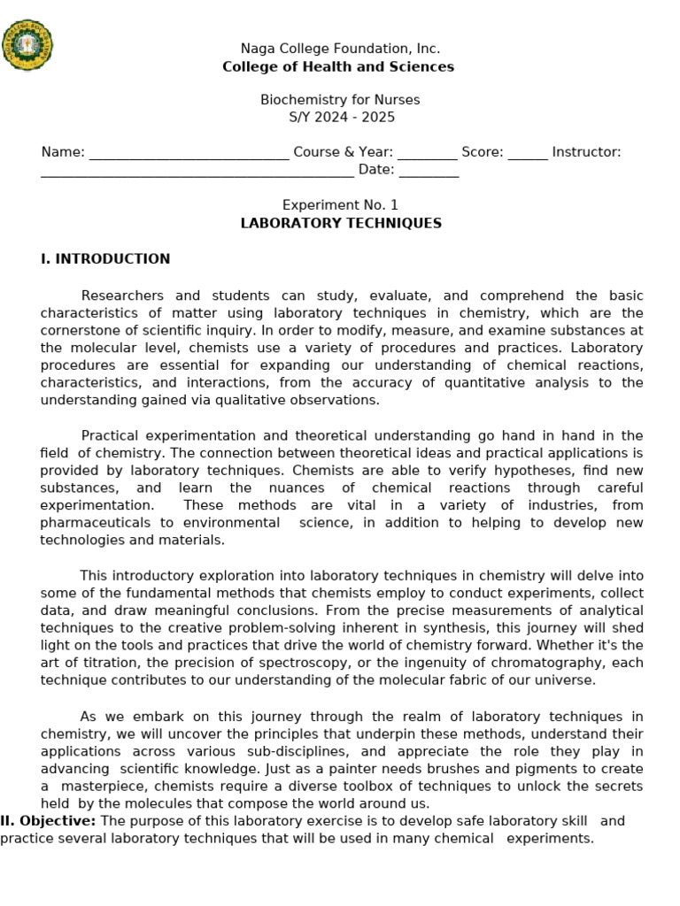 Experiment No. 1 - Laboratory Techniques | PDF | Filtration | Chemistry
