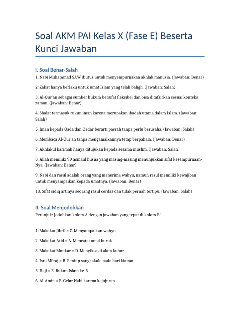 Contoh Soal AKM PAI Menjodohkan | PDF