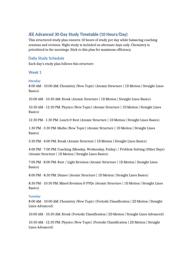 JEE Advanced 30 Day 10 Hour Timetable Cleaned | PDF | Heat | Lunch