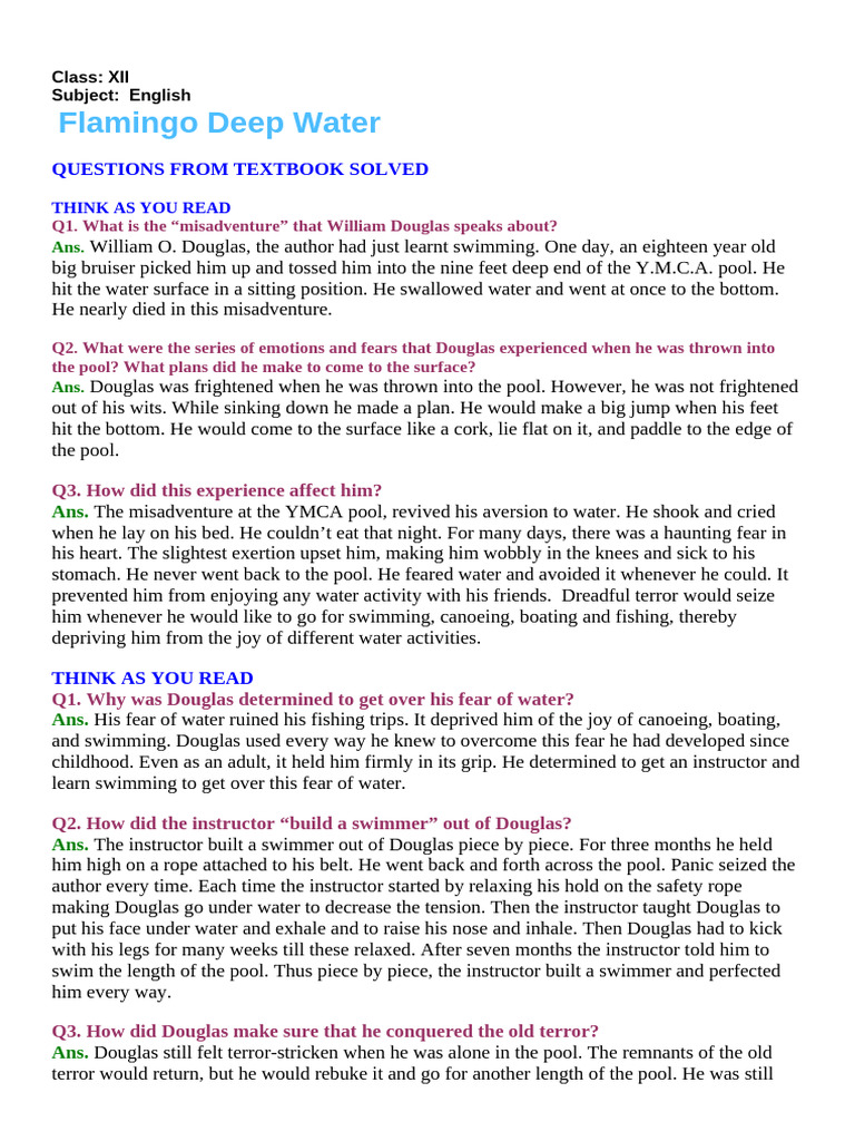 Class XII Eng Deep Water | PDF | Fear | Swimming