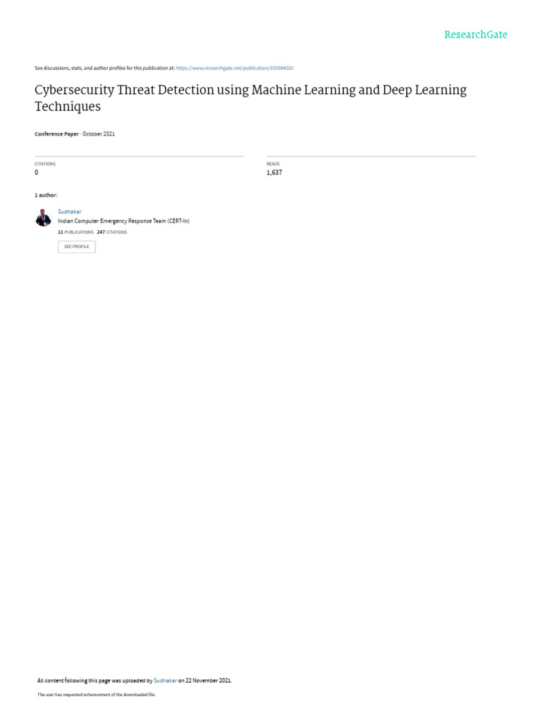 Cybersecurity Threat Detectionusing Machine Learningand Deep Learning Techniques | PDF | Malware ...