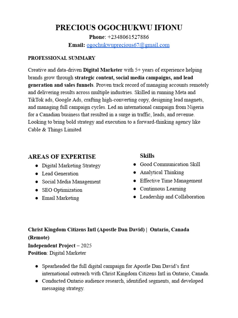 Precious Ogochukwu Ifionu - CV | PDF | Digital Marketing | Marketing