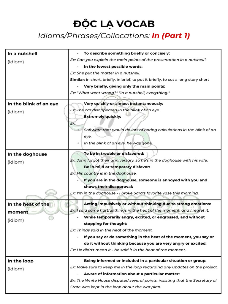 (ĐLV) 50 Idioms - Phrasal Verbs - Collocations That Contain - IN - (Part 1) | PDF