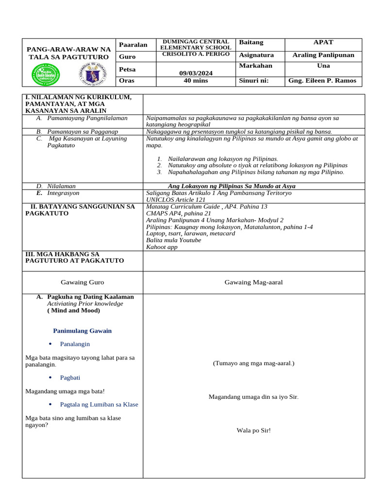 Cot-Matatag Arpan Sample | PDF
