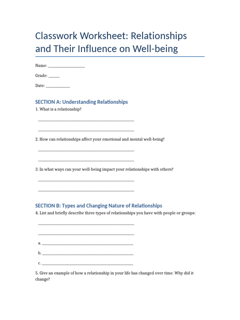 Relationships Classwork Worksheet | PDF | Well Being | Psychology