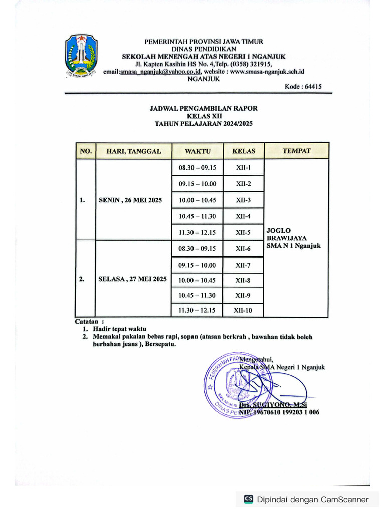 Jadwal Pengambilan Rapor Kelas 12 | PDF