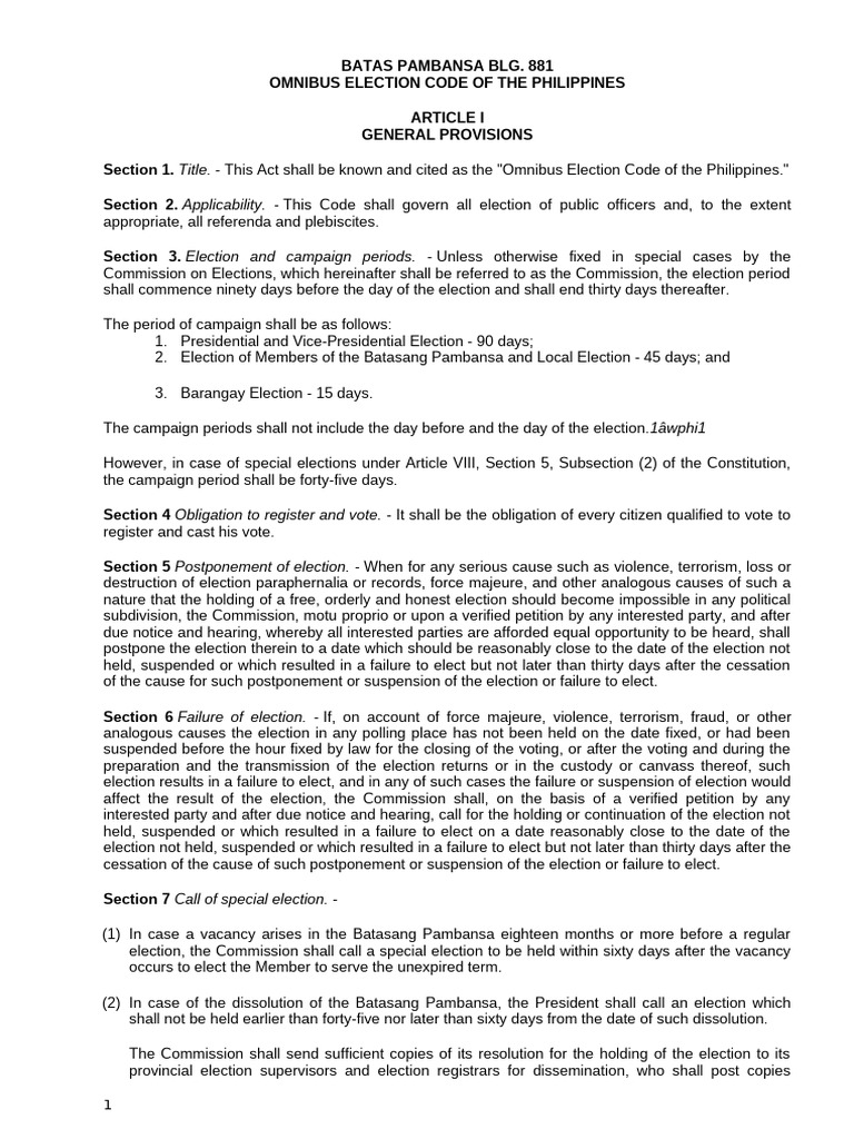 Omnibus Election Code 1-20 | PDF | Government