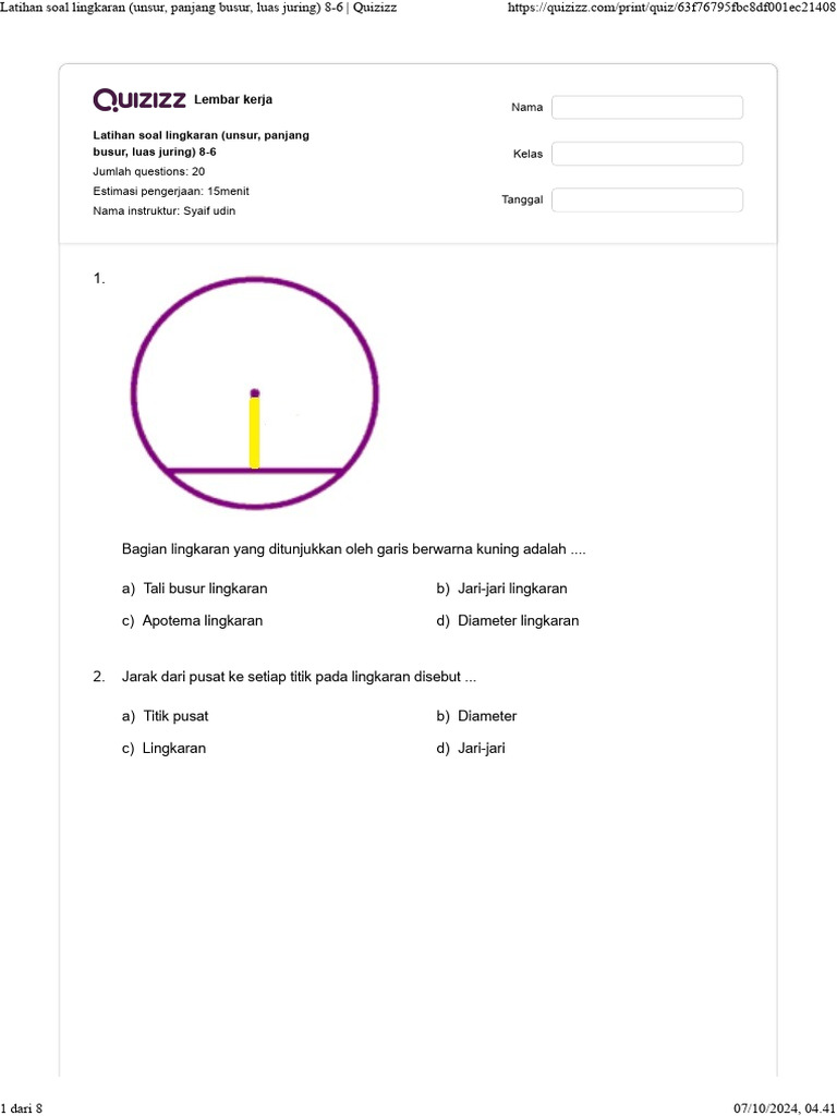 Latihan Soal Lingkaran (Unsur, Panjang Busur, Luas Juring) 8-6 ...