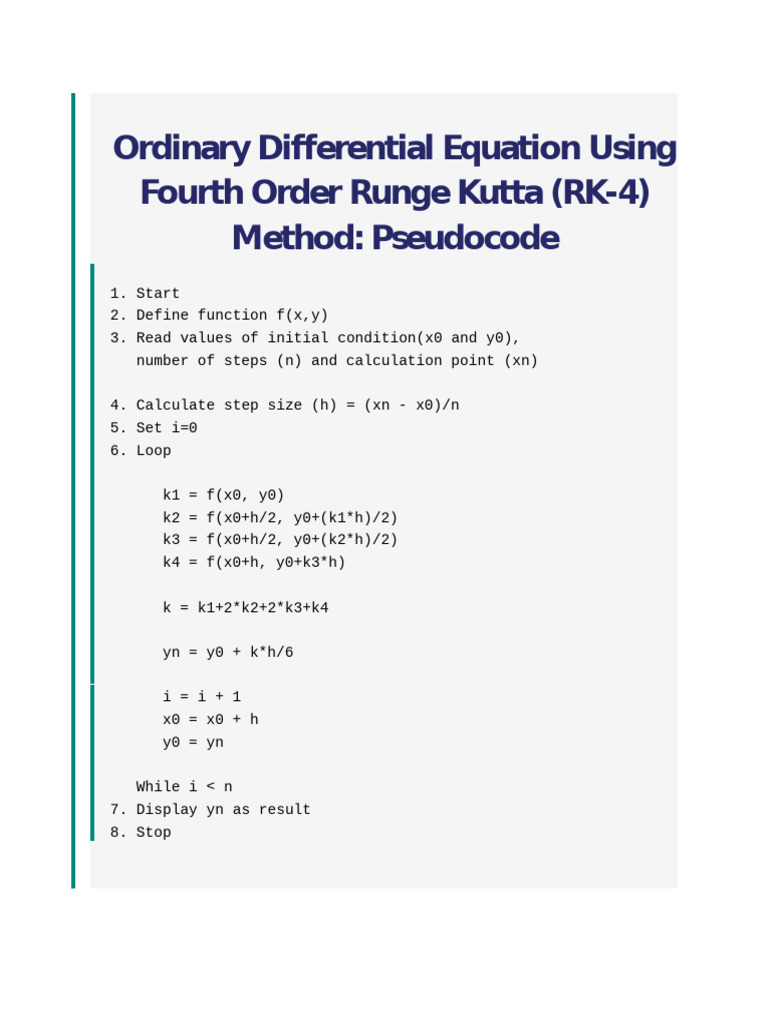 RK-4 Method for ODEs: Pseudocode & C Code | PDF