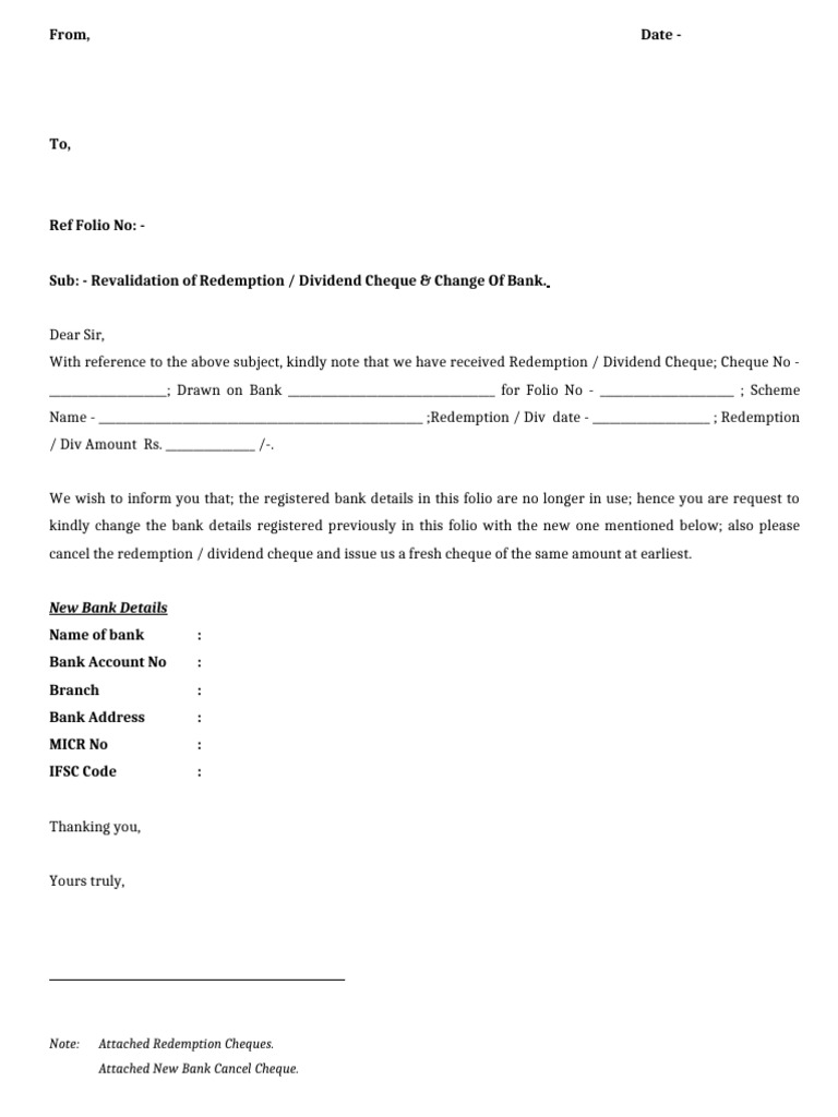 Cheque Revalidation - 1 - Change of Bank & Issue Fresh Redemption, Dividend Cheque - If Old Bank ...