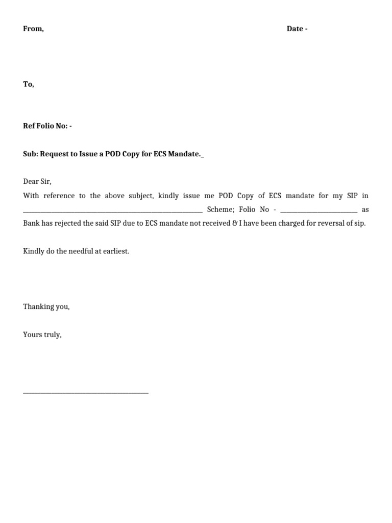Request To Issue A POD Copy For ECS Mandate | PDF