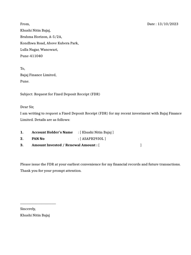 Request For Fixed Deposit Receipt (FDR) | PDF