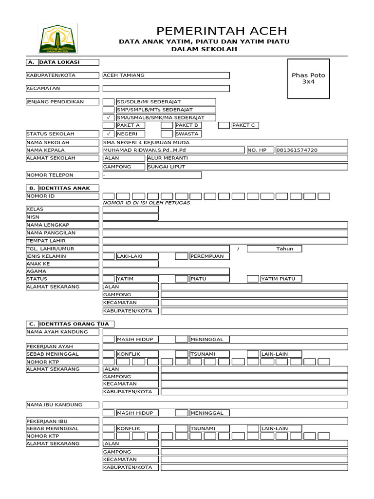 Contoh Blangko Pendataan Yatim Ta. 2019 Sman 4 Kejuruan Muda | PDF