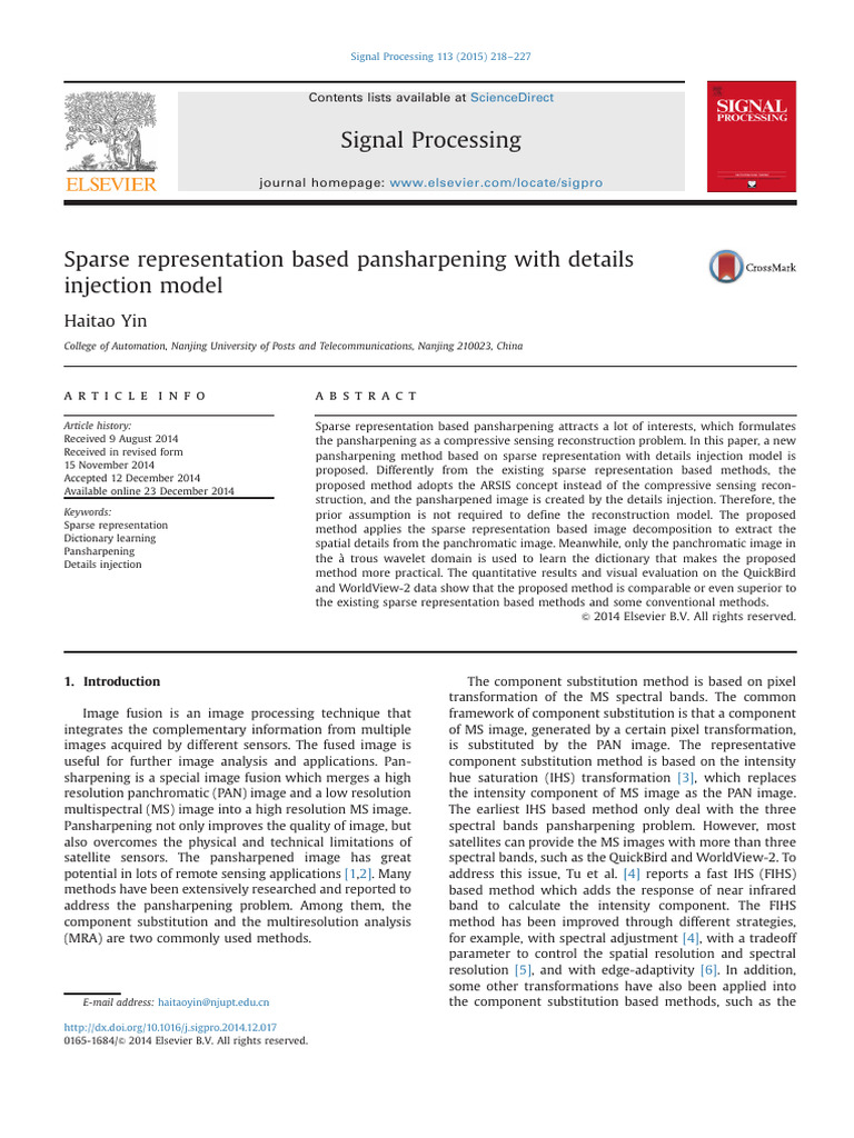 Sparse Representation Based Pansharpening With Details Injection Model | PDF | Wavelet | Signal ...