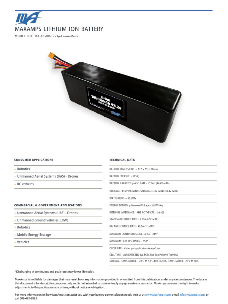 MaxAmps 10500 12S3P Li-Ion Data Sheet | PDF