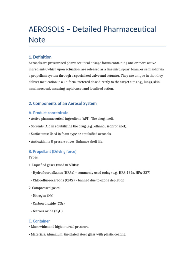 Aerosols Detailed Pharmaceutical Note | PDF