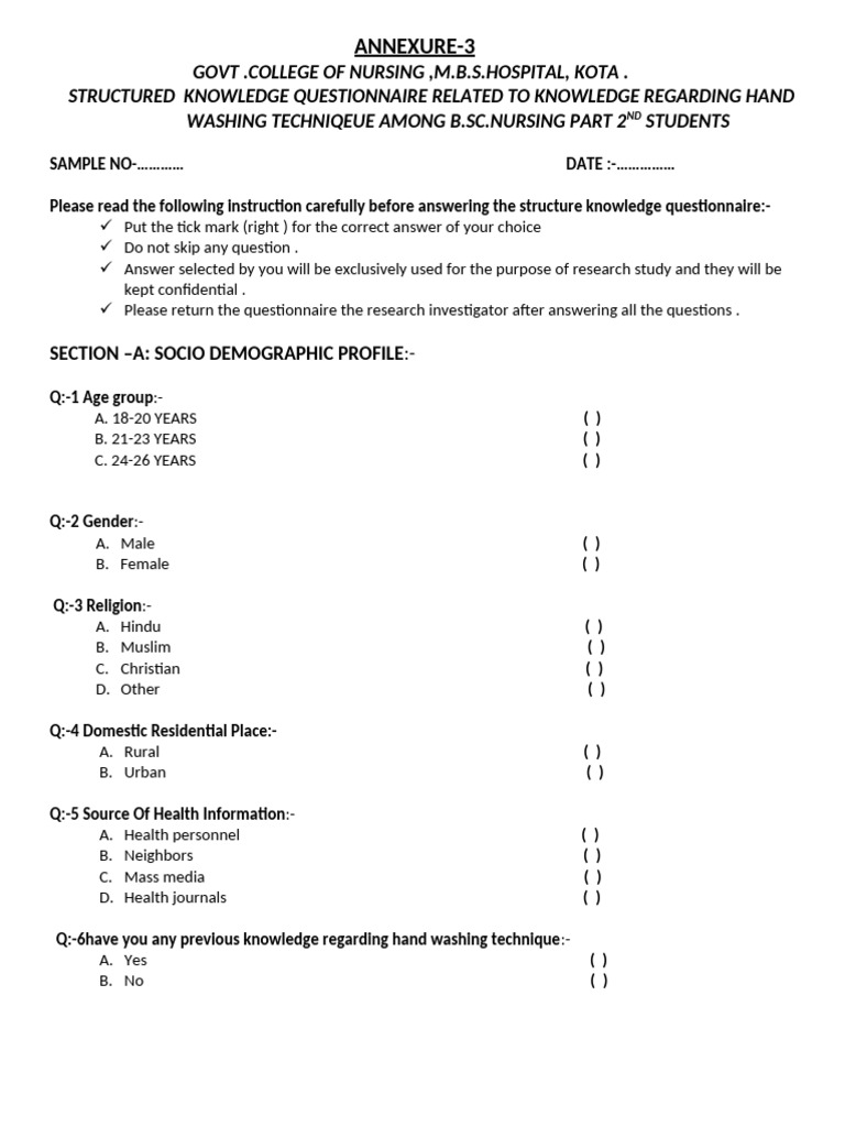 Hand Washing Knowledge Questionnaire for Nursing Students | PDF | Hand ...