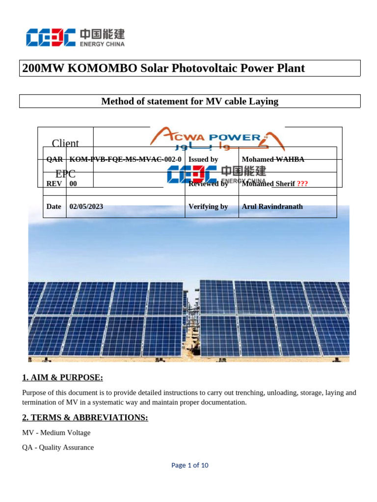 KOM PVB FQE MS MVAC 002 0 Method of Statement For MV AC Cable Trenching ...