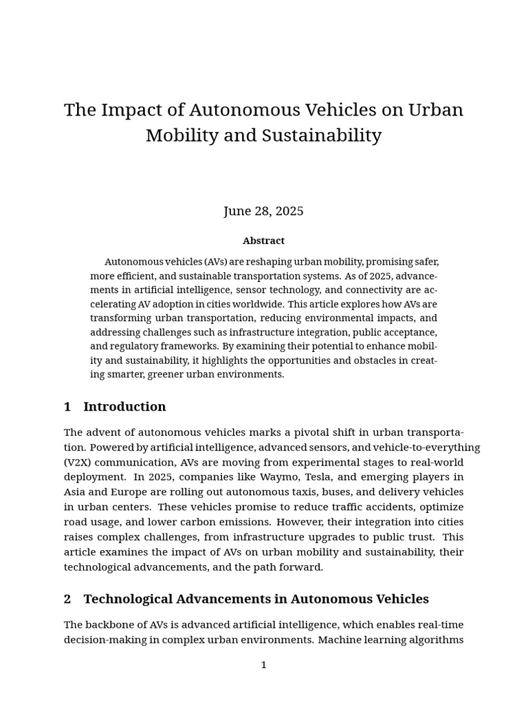 The Impact of Autonomous Vehicles On Urban Mobility and Sustainability ...