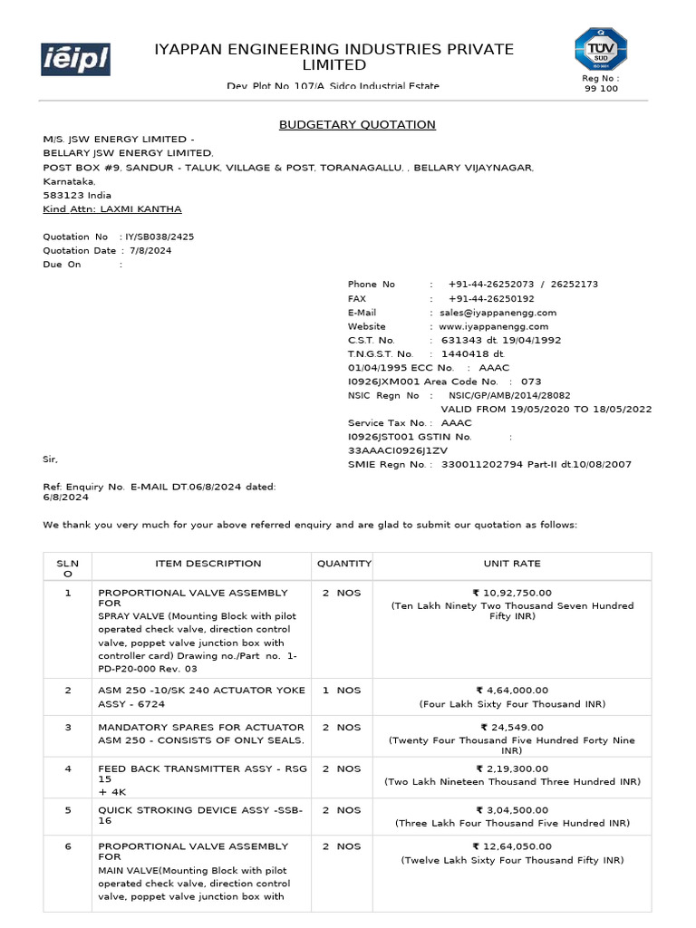 Budgetary Quotation IY SB038 2425 | PDF | Receipt