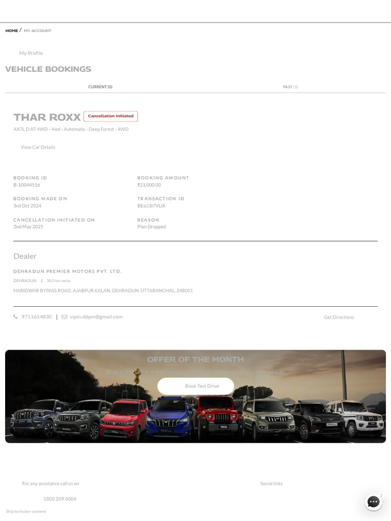 Thar Rox Booking Cancel-Shri Durga Metalex | PDF | Car | Off Road Vehicles